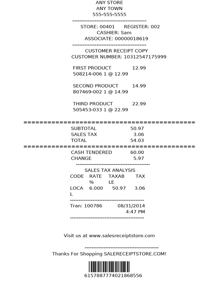 Customer Receipt for Store Purchase | PDF
