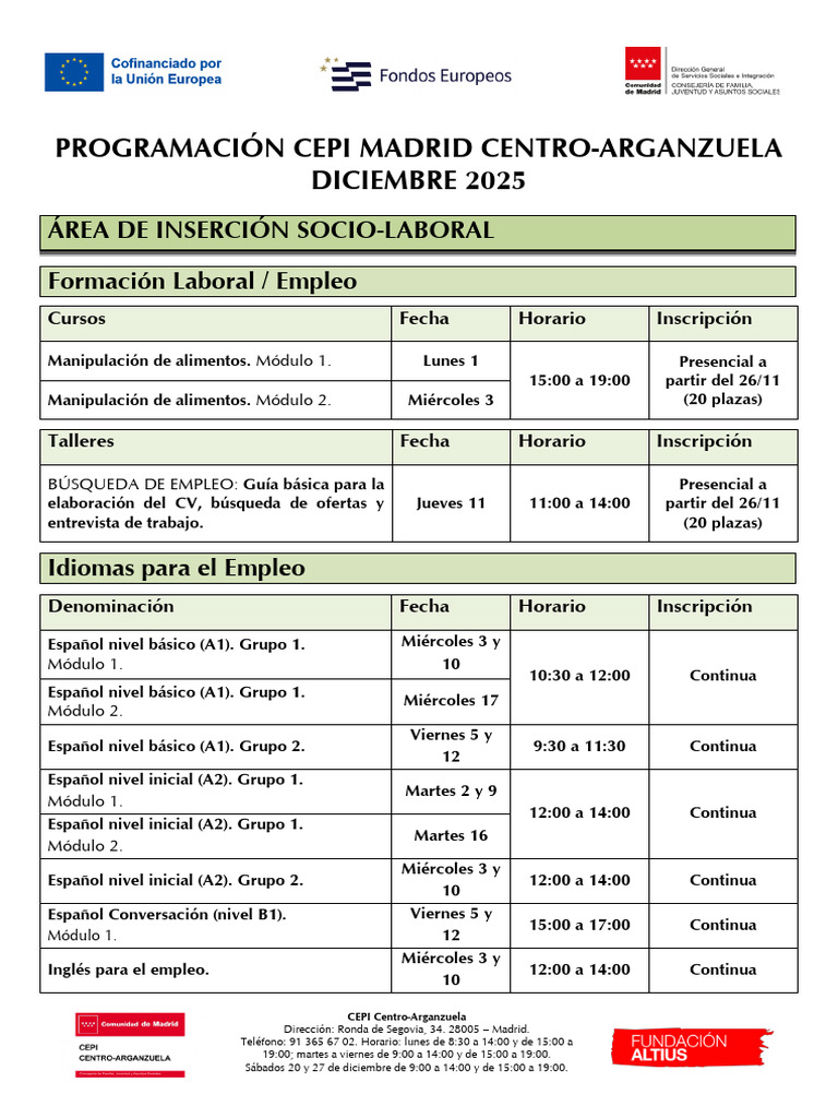 Programacion Cepi Madrid Centro Arganzuela Diciembre 2025 | PDF