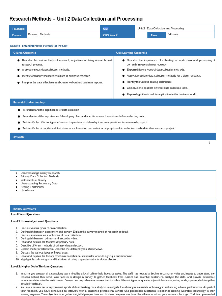 RM - Unit Plan-2 - (Data Collection and Processing) | PDF | Methodology ...