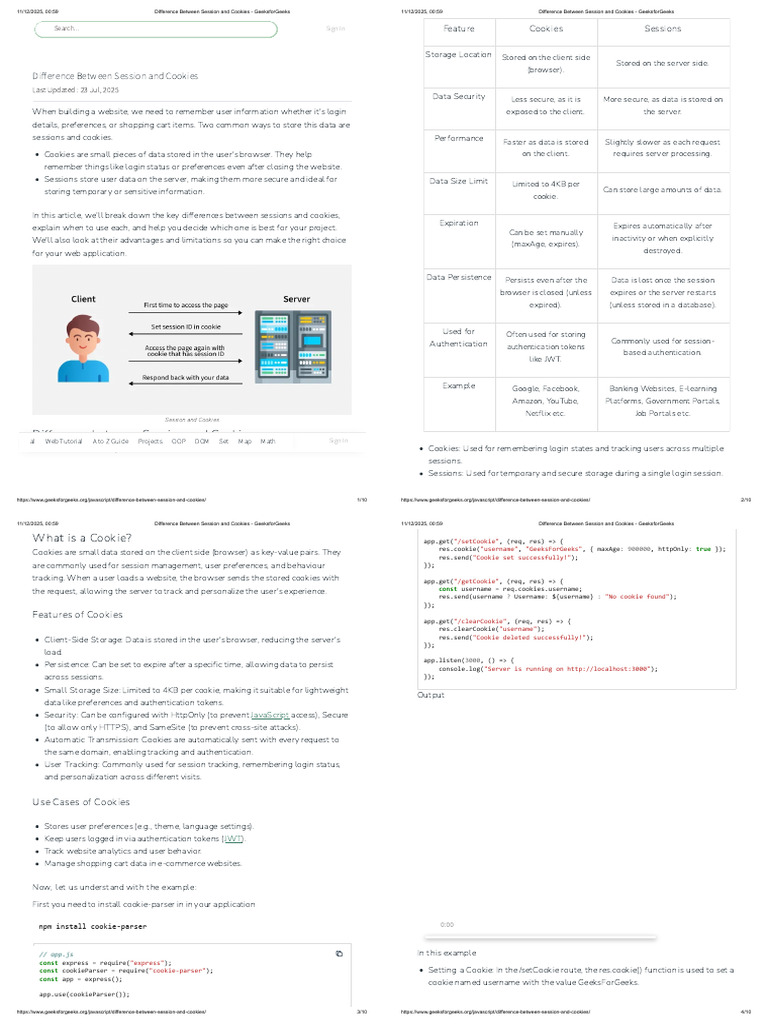 Difference Between Session and Cookies - GeeksforGeeks | PDF | Http ...