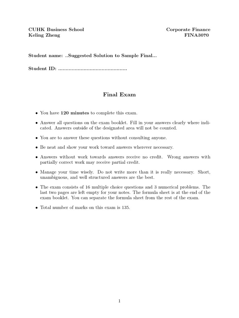 Sample Final Solution(1) | PDF | Dividend | Capital Structure