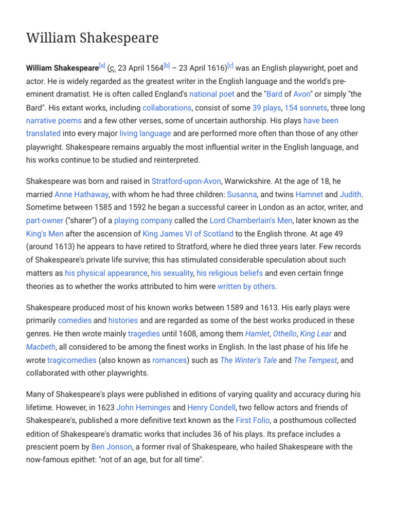 William Shakespeare - Wikipedia | PDF | William Shakespeare ...
