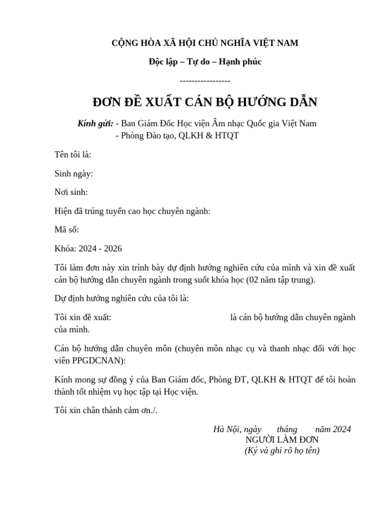 ĐƠN ĐỀ XUẤT CÁN BỘ HƯỚNG DẪN CAO HỌC | PDF