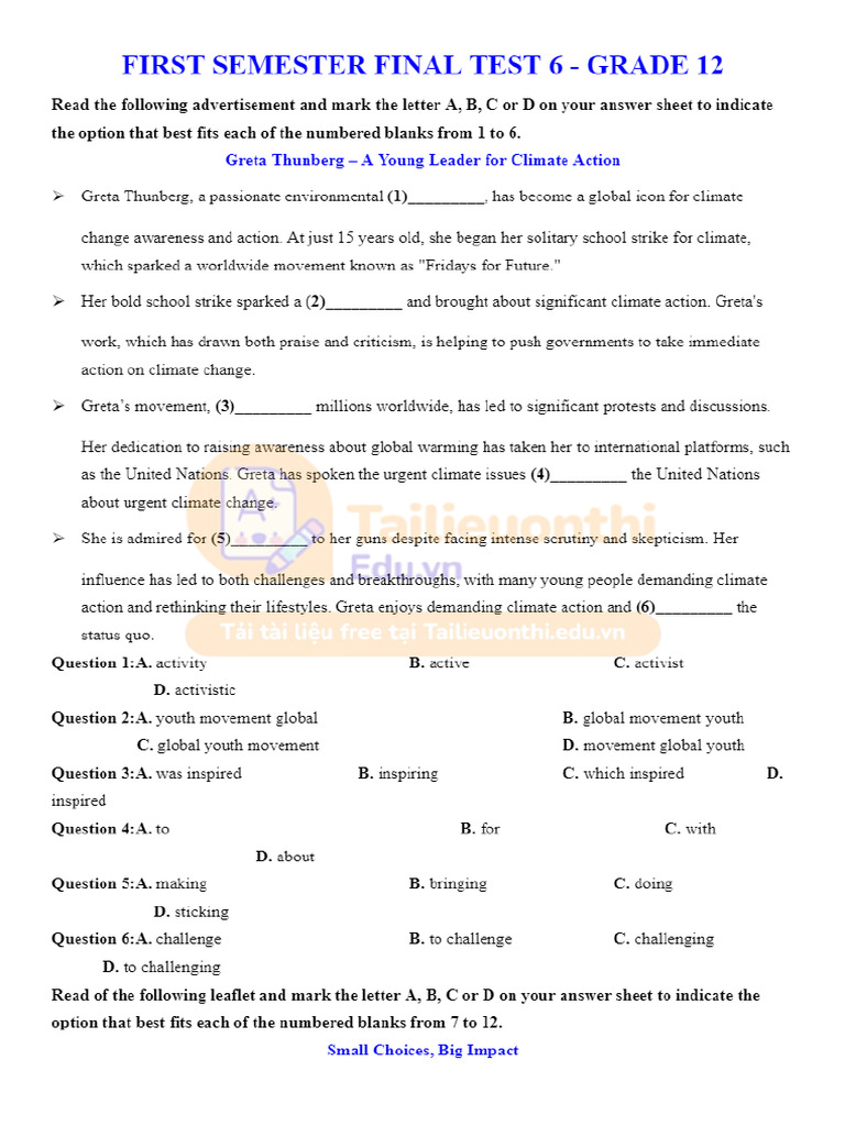 First Semester Final Exam TEST 6 - GRADE 12 - 2025 - HS-stamped | PDF