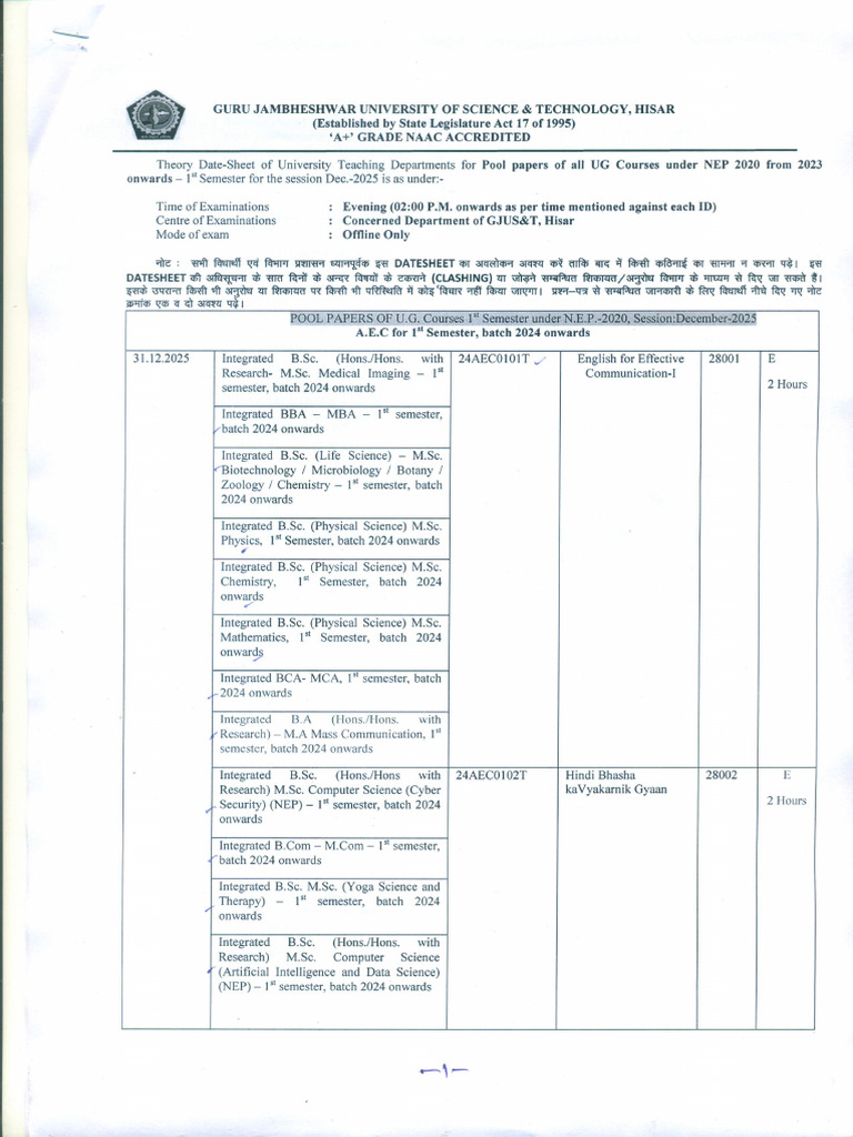 Theory Date Sheet For Pool Papers of All UG Courses - 1st Sem. Under ...