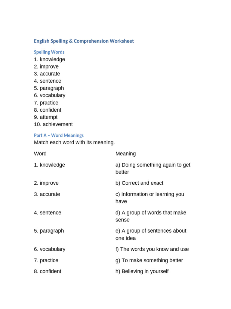 English Spelling Comprehension Worksheet | PDF | Reading Comprehension ...