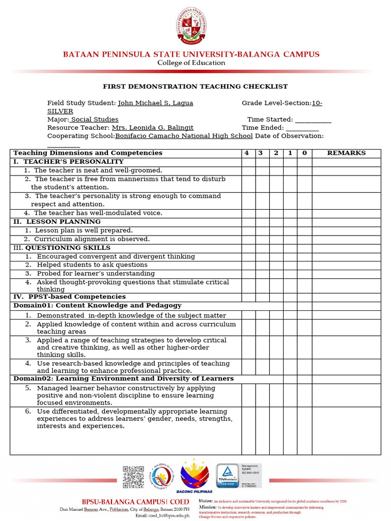 First Demonstration Teaching Checklist | PDF | Teachers | Learning