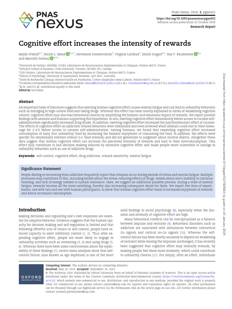Cognitive Effort Amplifies Reward Intensity | PDF | Reward System ...