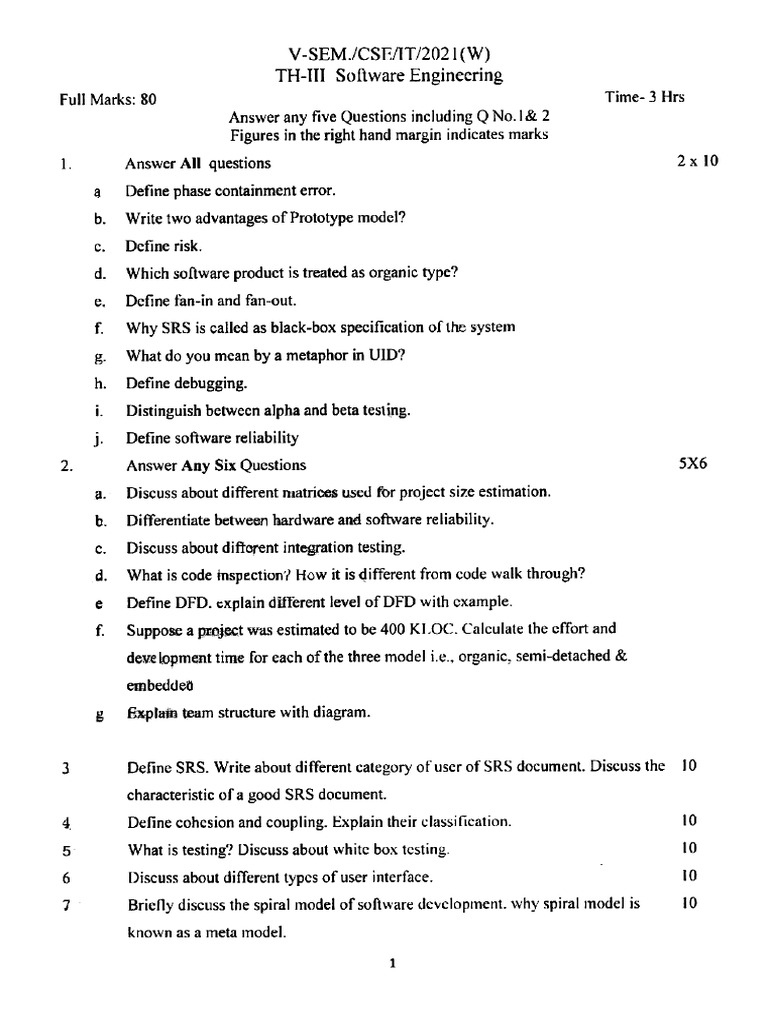 Btech Cse It 5 Sem Software Engineering Dec 2021 | PDF