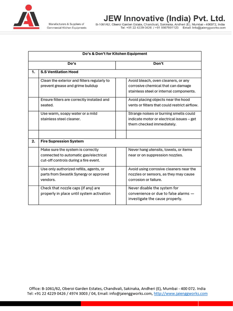 Kitchen Equipment Care Guidelines | PDF