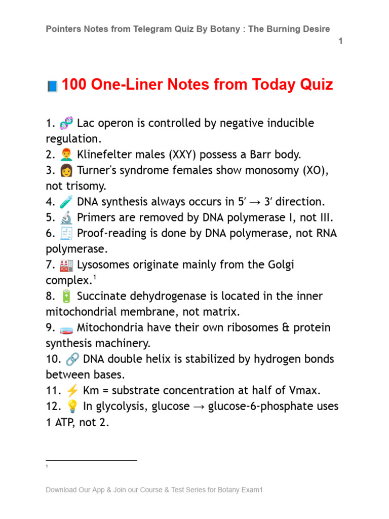 ? 100 One-Liner Notes From Today Quiz 2nd Oct | PDF | Adenosine ...