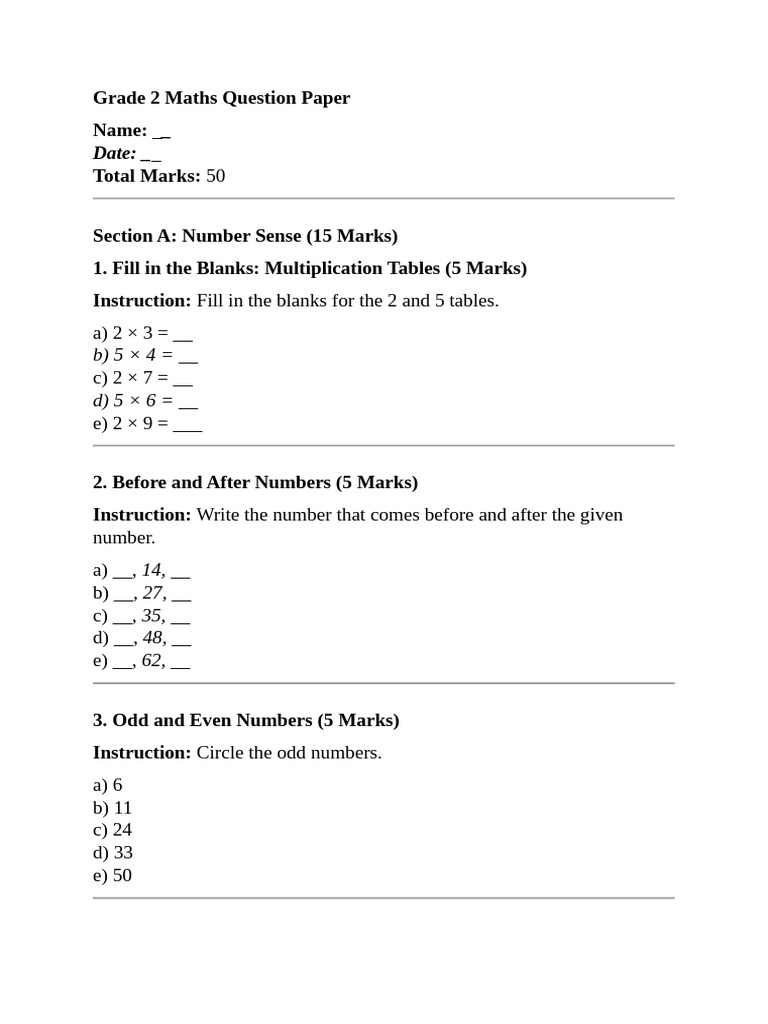 Grade 2 Maths Question Paper | PDF