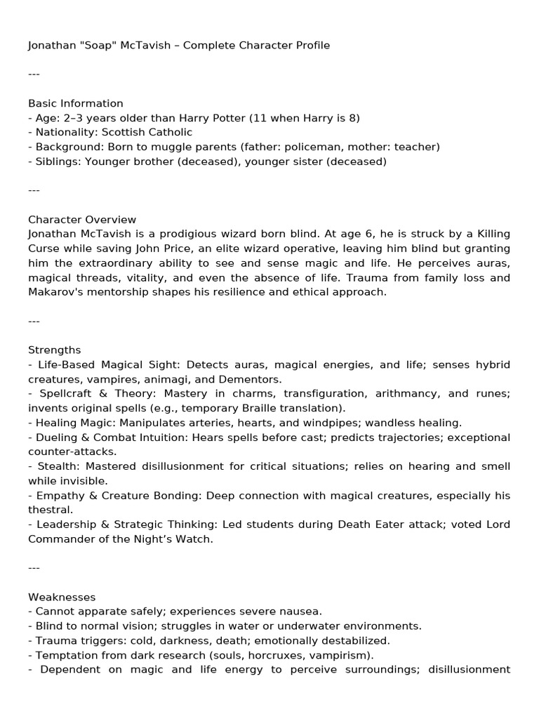 Jonathan McTavish Character Profile Full | PDF