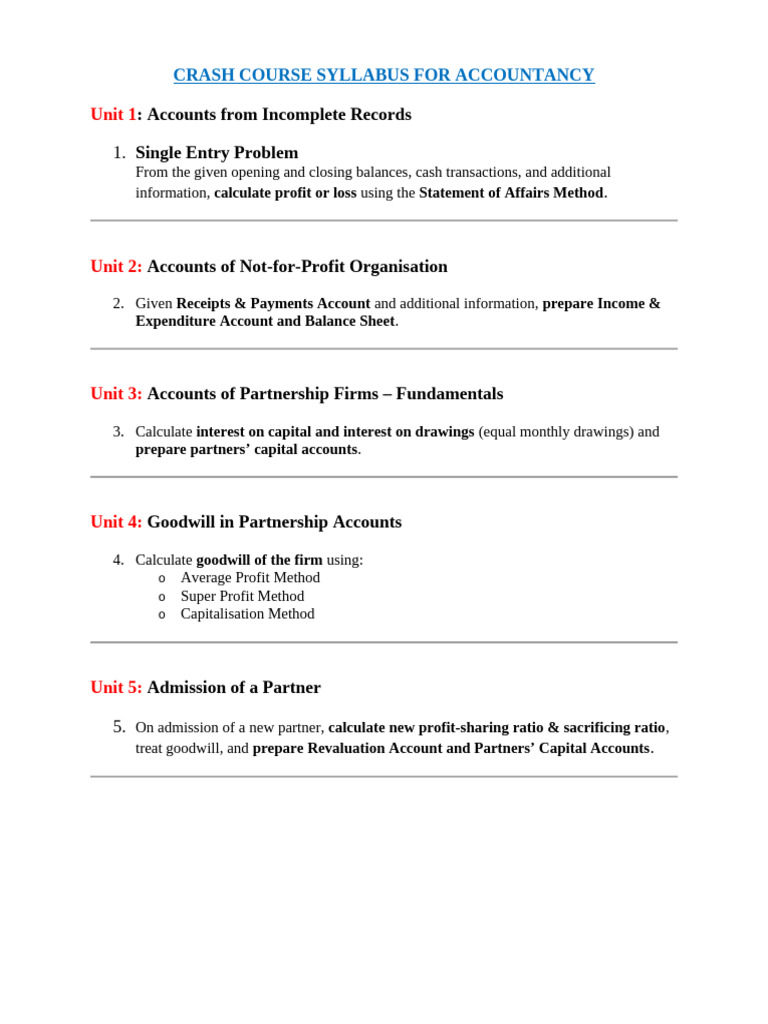 Accountancy Crash Course Syllabus | PDF