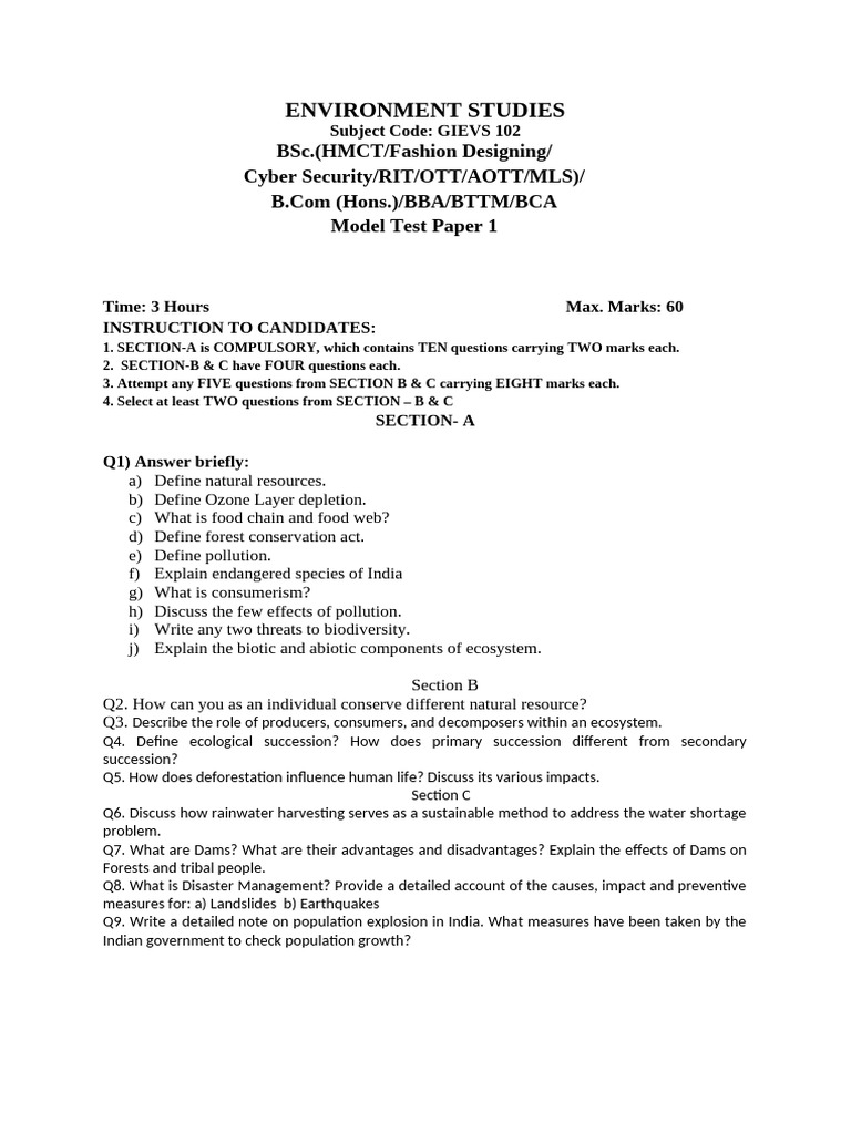 Environment Studies Model Test Papers | PDF | Ecosystem | Ecology