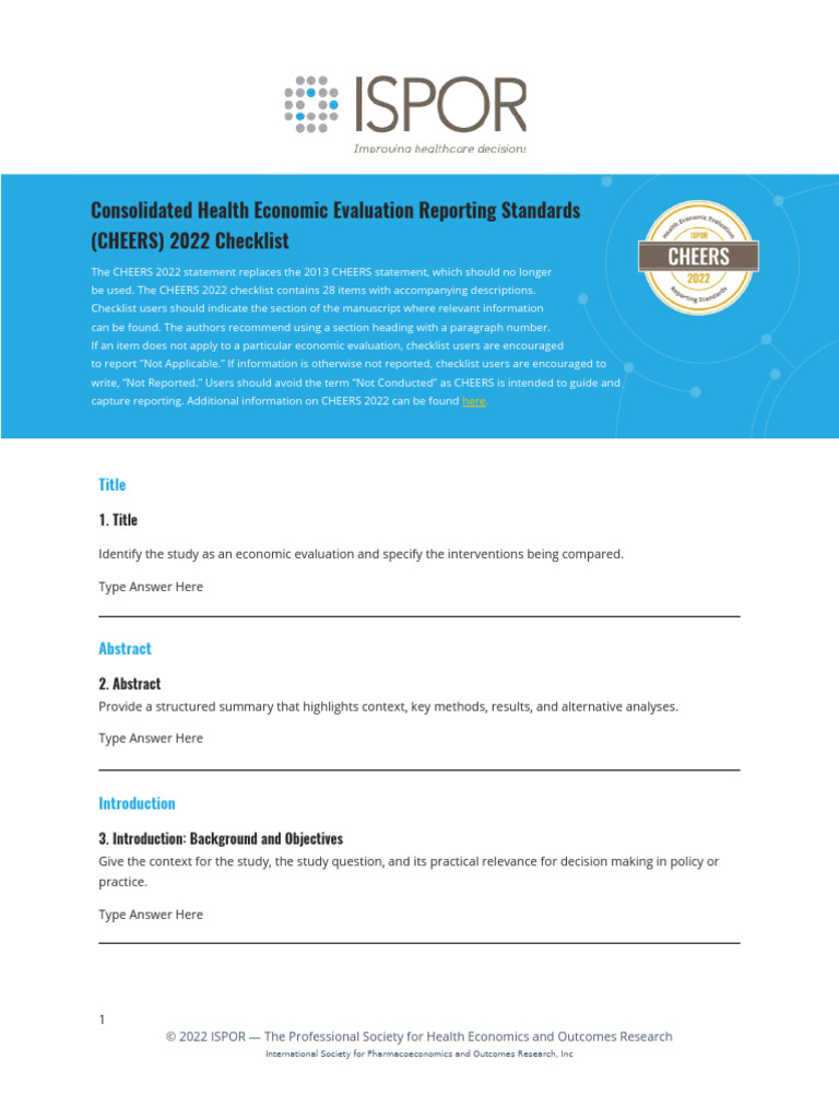 CHEERS 2022 Economic Evaluation Checklist | PDF | Economics | Valuation ...