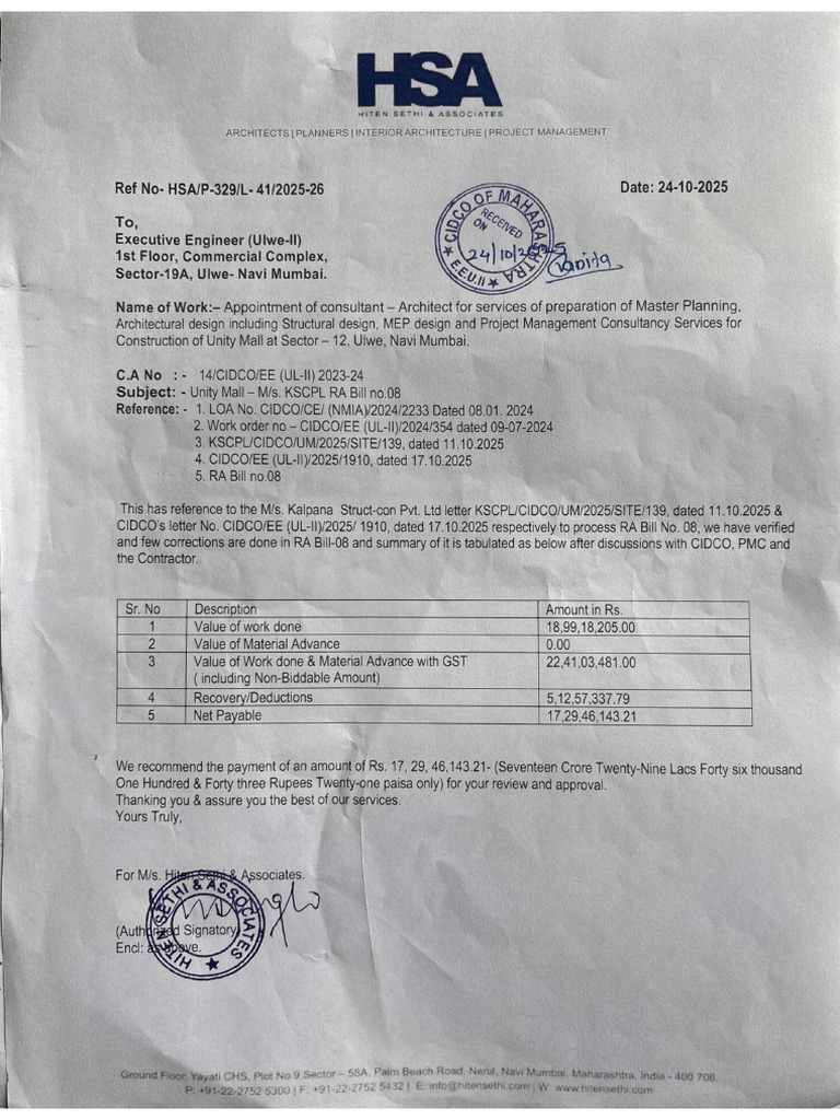 Unity Mall 8 TH Ra Bill Covering Letter OC | PDF