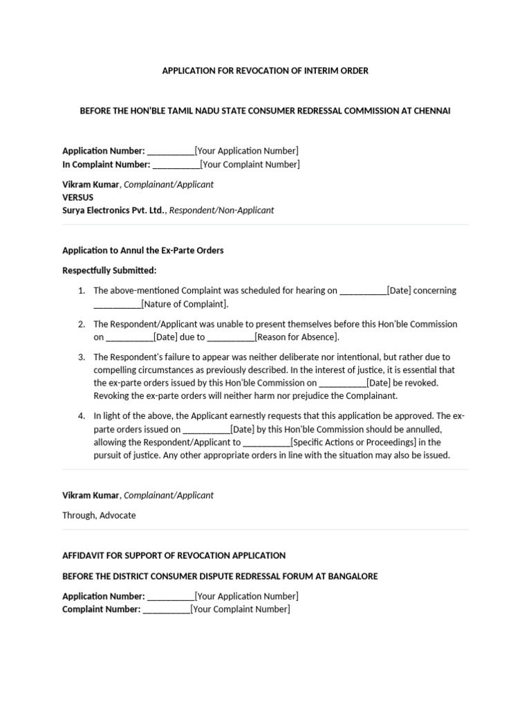 Revocation of Ex-Parte Orders Application | PDF | Affidavit | Public Law