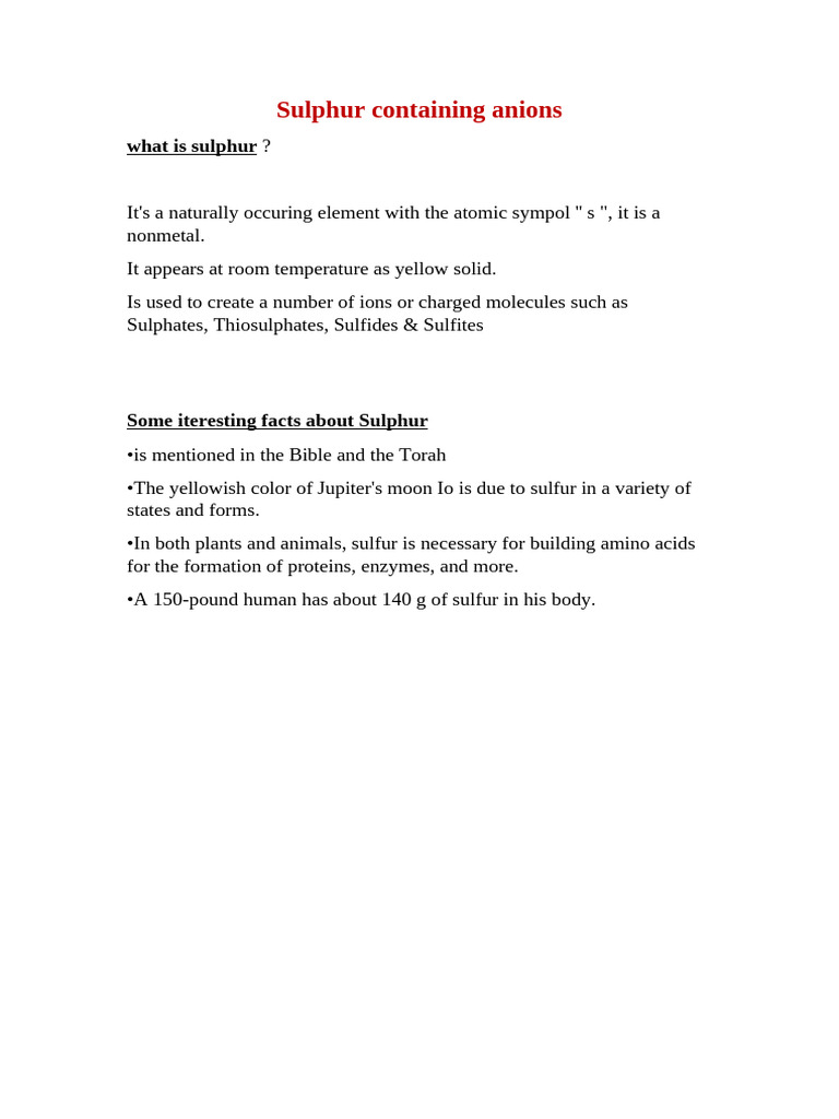 Sulfur Containing Anions | PDF | Sulfur | Sulfide