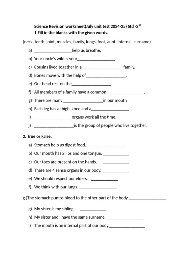 Revision Worksheet STD 2nd Unit Test 2024-25 | PDF | Mouth