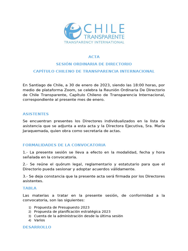 Acta Reunión Directorio Chile Transparente | PDF | Presupuesto ...