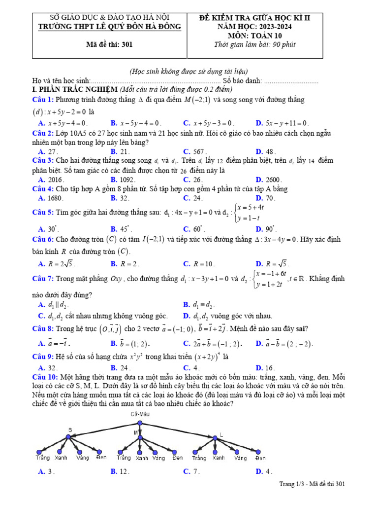 Mã 301 - Gk II - Toán 10 | PDF