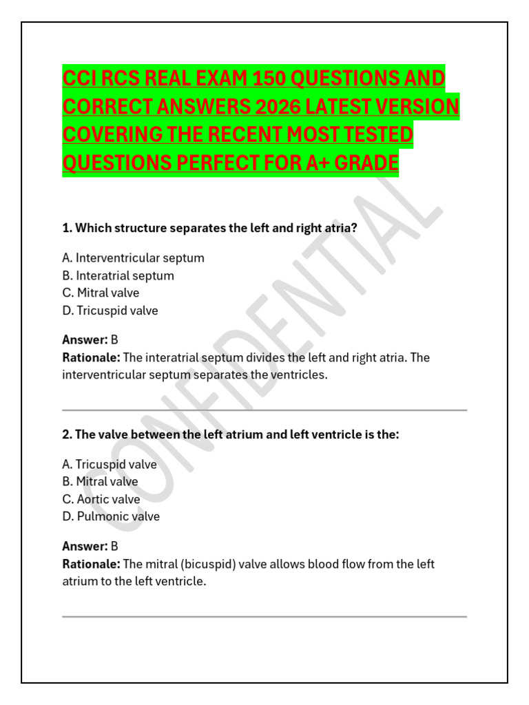 CCI RCS Real Exam 150 Questions 2026 | PDF | Heart Valve | Atrium (Heart)