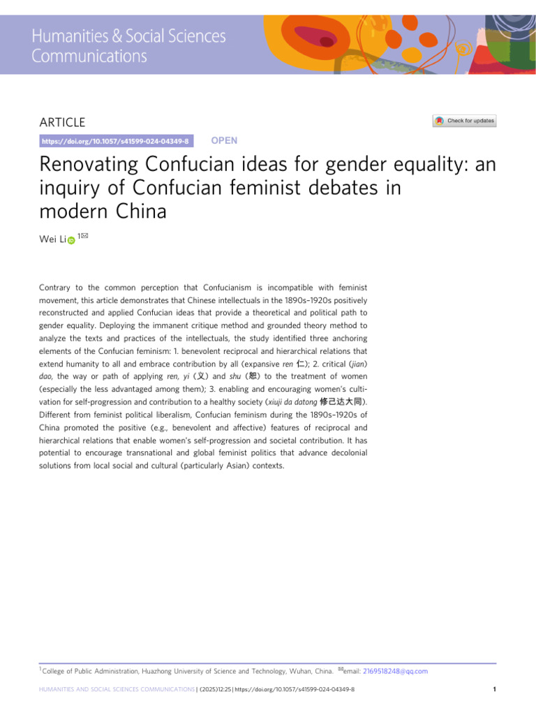 Renovating Confucian Ideas for Gender Equality- An Inquiry of Confucian ...