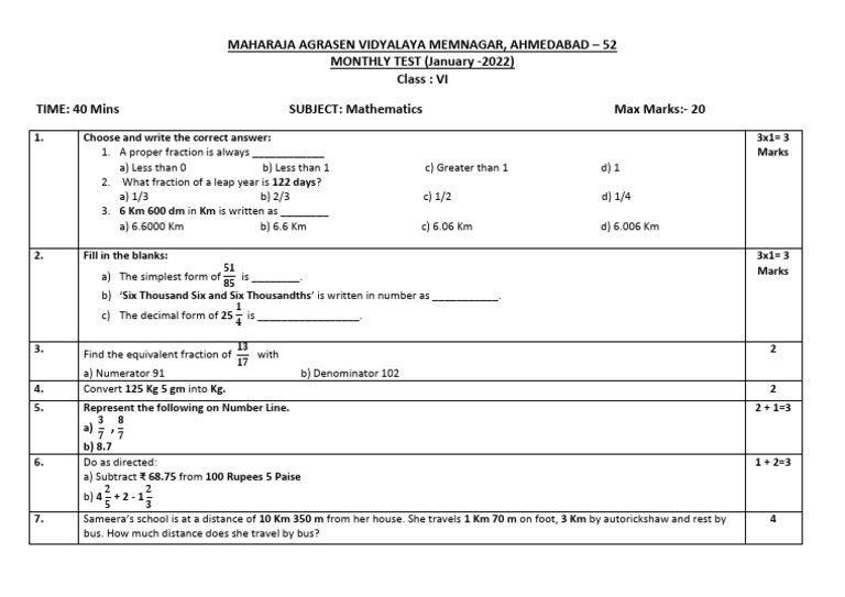 Maths Monthly Test January 2022 | PDF | Number Theory | Numbers