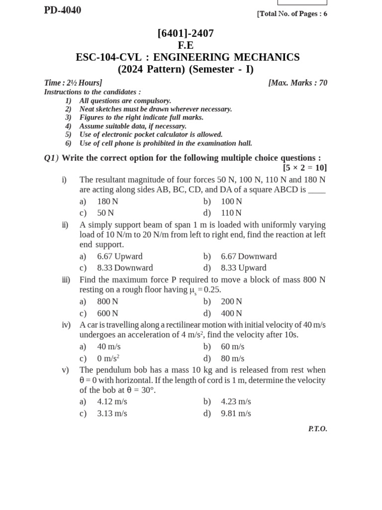Engineering Mechanics Exam Paper 2024 | PDF | Force | Mechanics