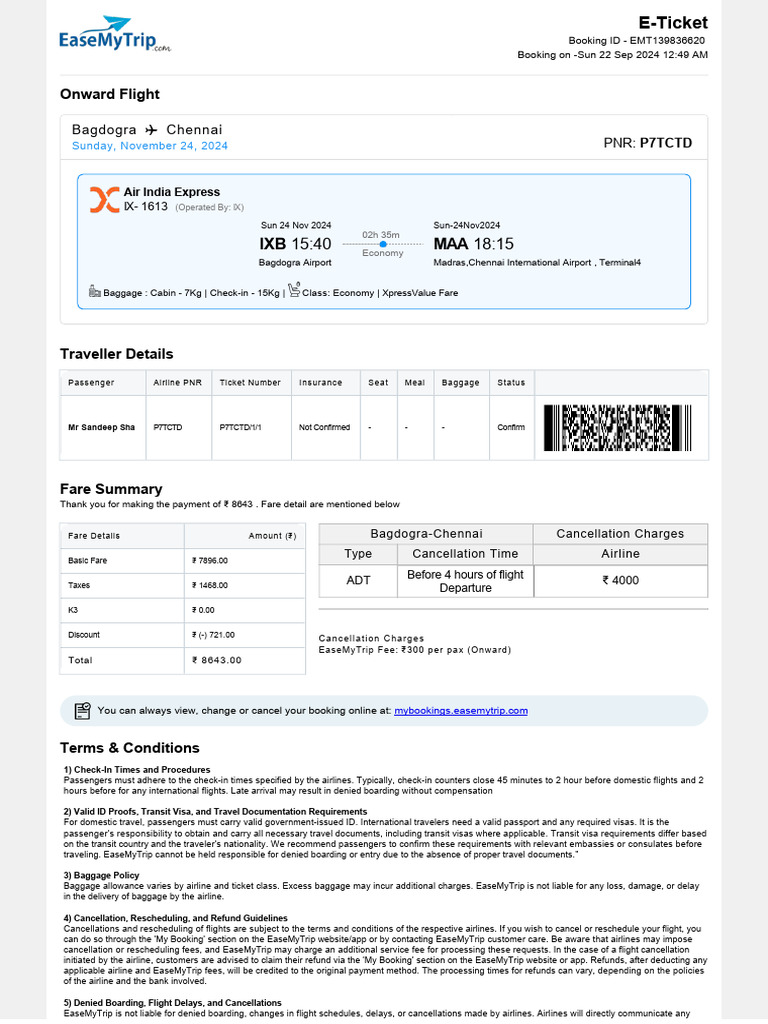 EaseMyTrip Flight E-Ticket For Flights | PDF | Travel Visa | Airlines