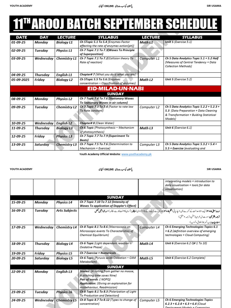 11th Arooj Batch September Schedule 2025 (1) | PDF | Biology | Chemistry