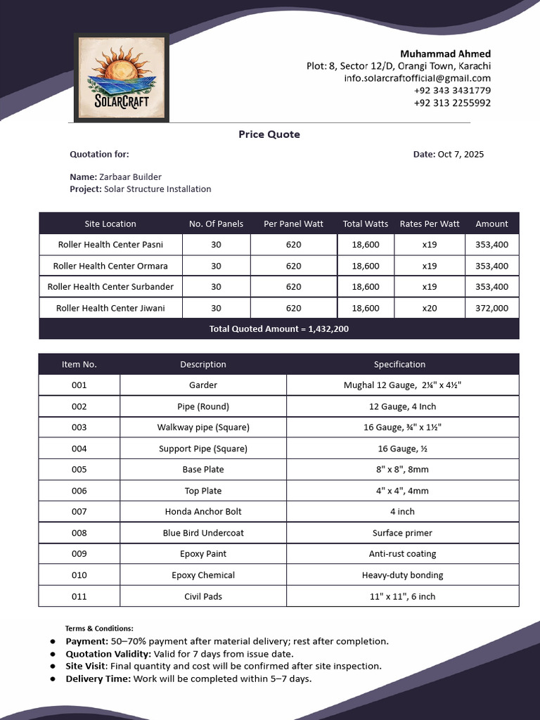 Solar Craft Quotation Zarbaar Builder | PDF
