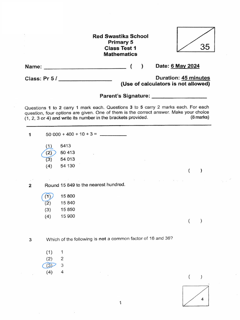 2024 P5 Maths Class Test 1 Red Swastika | PDF