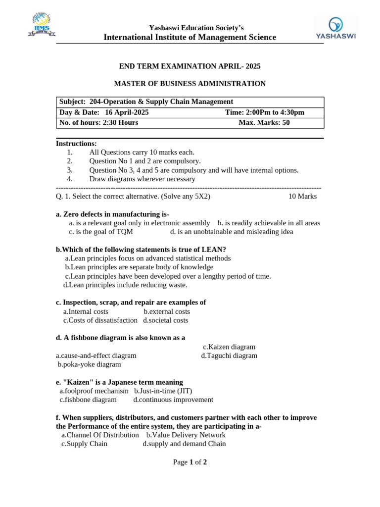 204-OP SCM - SEM-II Question Paper-MBA APRIL-2025 | PDF | Lean ...
