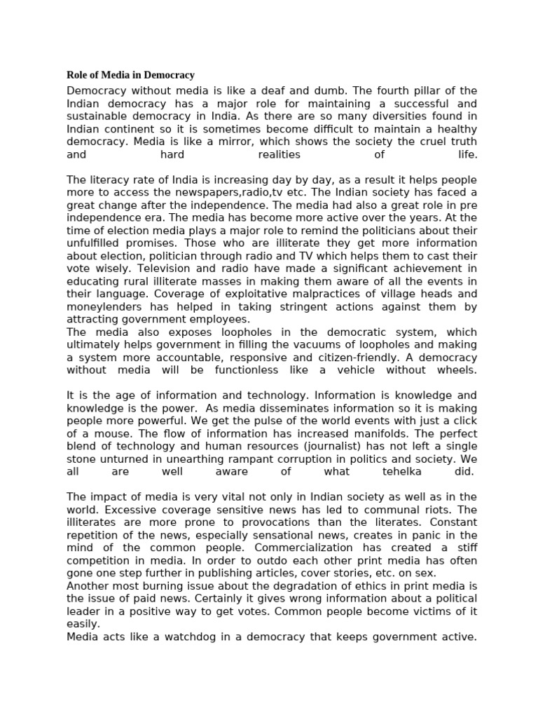 Role of Media in Democracy | PDF | Democracy | Political Ideologies