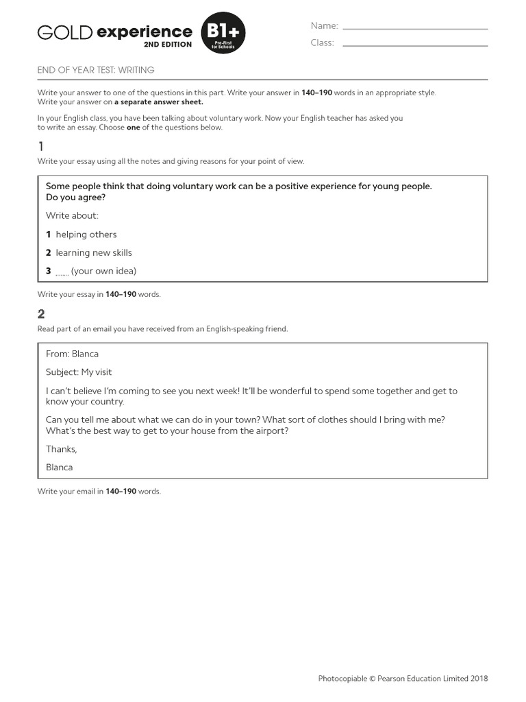 Gold Exp B1P EoY Writing | PDF