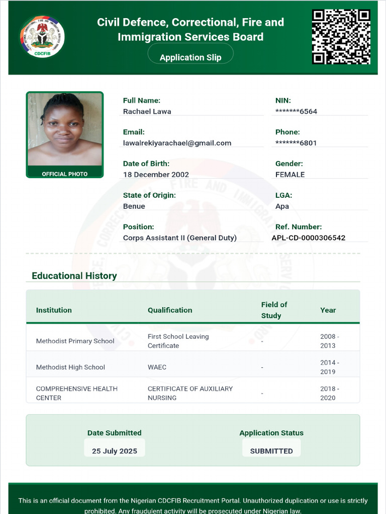 Rachael Rekiya Lawa Application Slip | PDF