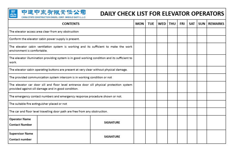 Elevator Operators Daily Checklist | PDF