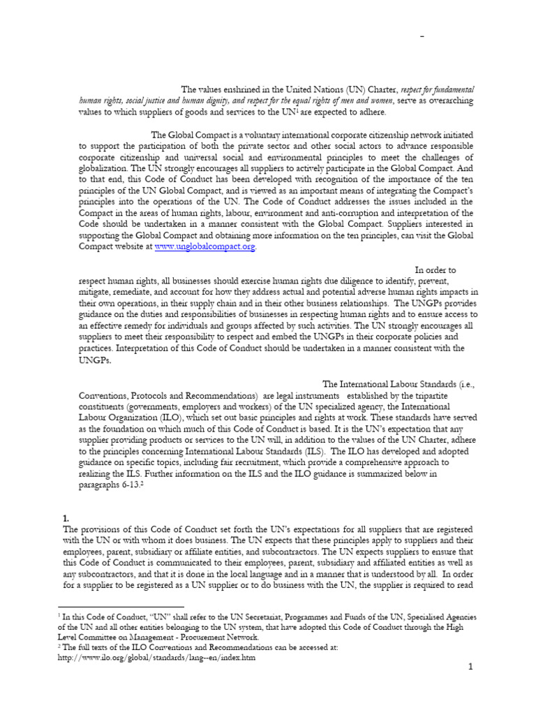 UN Supplier Code of Conduct 2024 | PDF | Labour Law | International ...