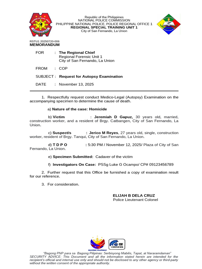 Request for Homicide Autopsy Examination | PDF