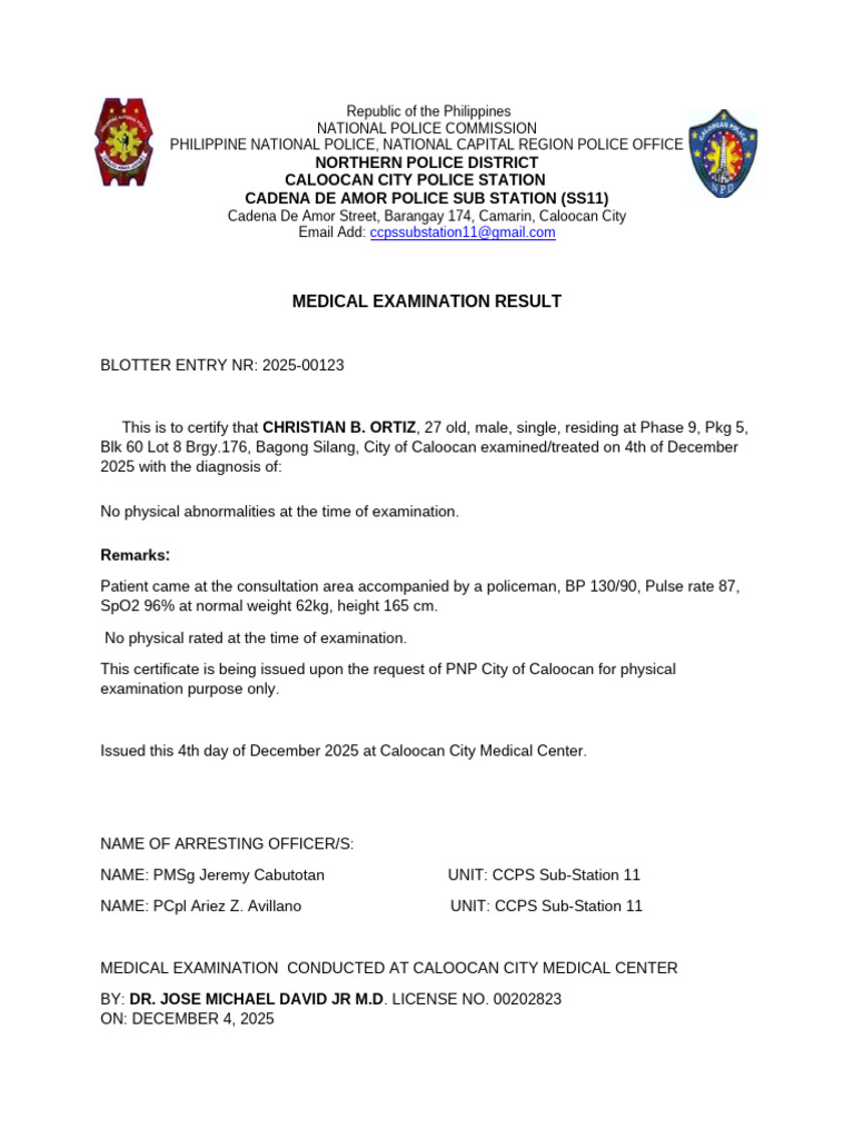 Medical Exam Result for Christian Ortiz | PDF