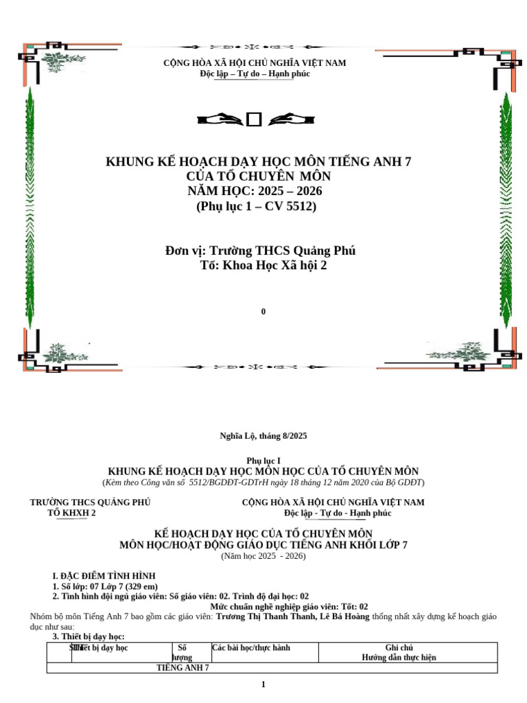 KHDH - Anh - L p7 - Hoàng - Doc (PL 1) - Nls | PDF