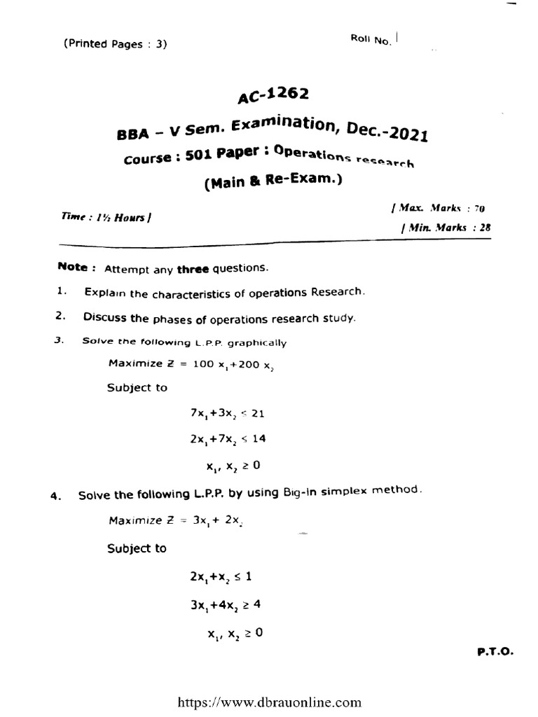 Bba 5 Sem Operations Research Ac 1262 Dec 2021 | PDF