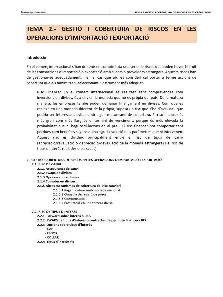 Tema 2 Gestió i Cobertura de Riscos en Les Operacions Dimportació i ...