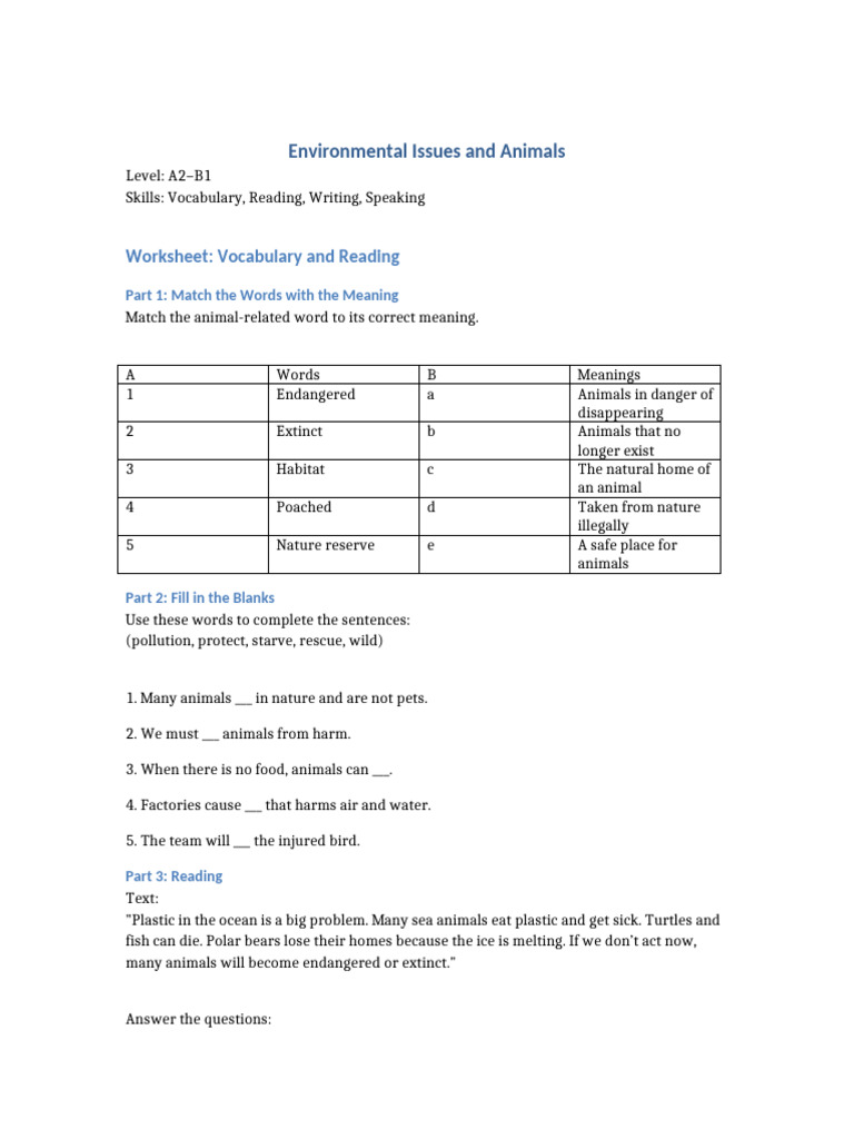 Environmental Issues and Animals A2B1 Worksheet | PDF | Endangered ...