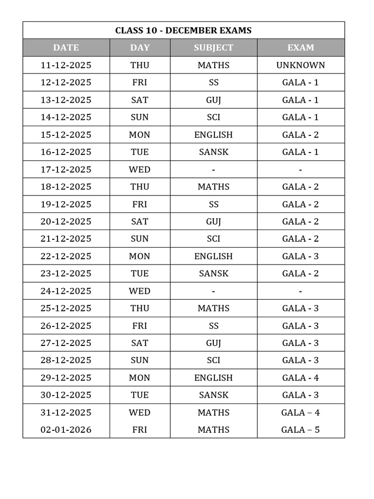 Class 10 December Exam Schedule 2025 | PDF