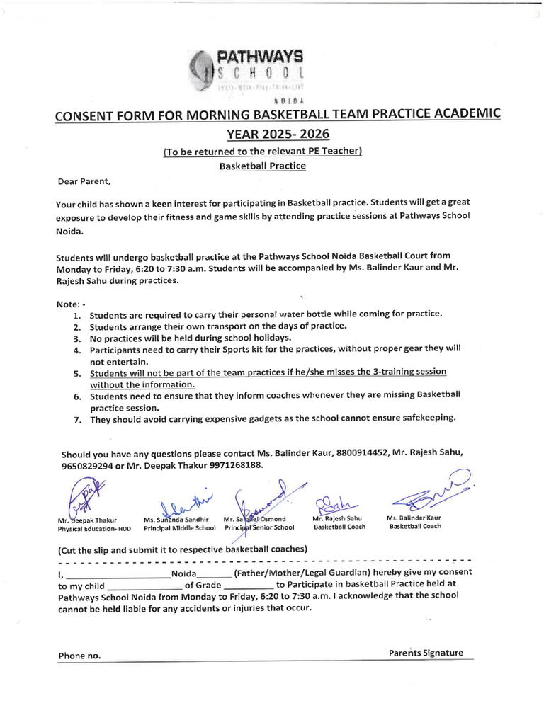 Consent Form for Morning Basketball Team Practice Academic Year 2025-26 ...