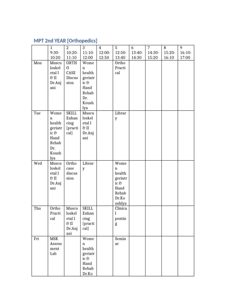 MPT 2nd Year Timetables Editable | PDF
