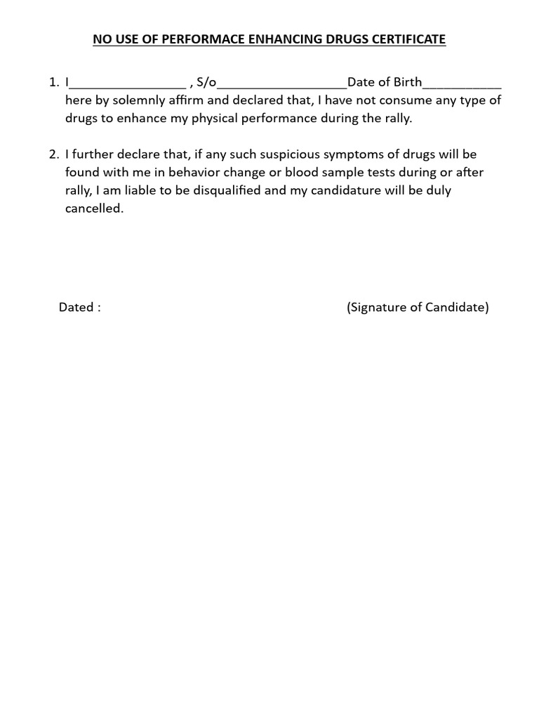 No Use of Performace Enhancing Drugs Certificate | PDF